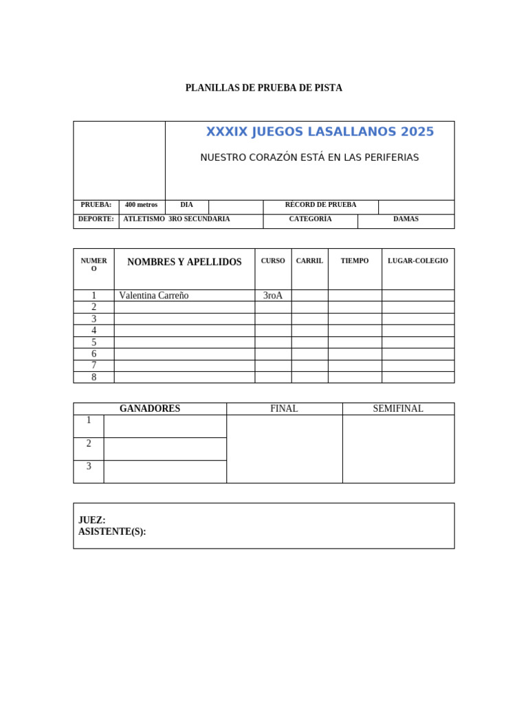 Planillas de Prueba de Pista 400 Metros Damas 3ro Secundaria | PDF