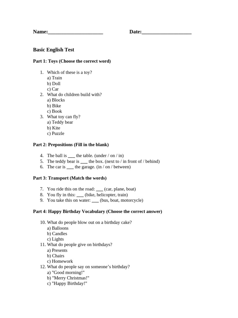 Basic English Test KIDS 2 | PDF