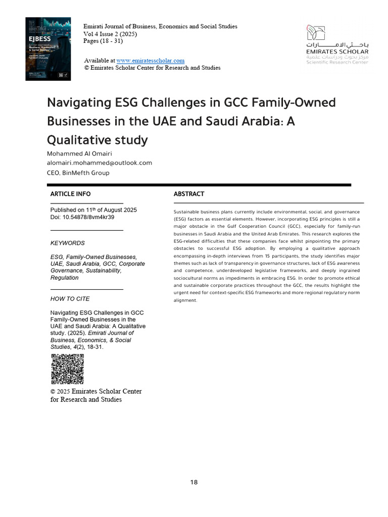 Navigating ESG Challenges in GCC Family-Owned Businesses in The UAE and Saudi Arabia: A ...