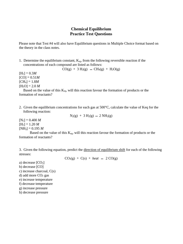 Chemical Equilibrium Practice Questions | PDF | Chemical Equilibrium ...