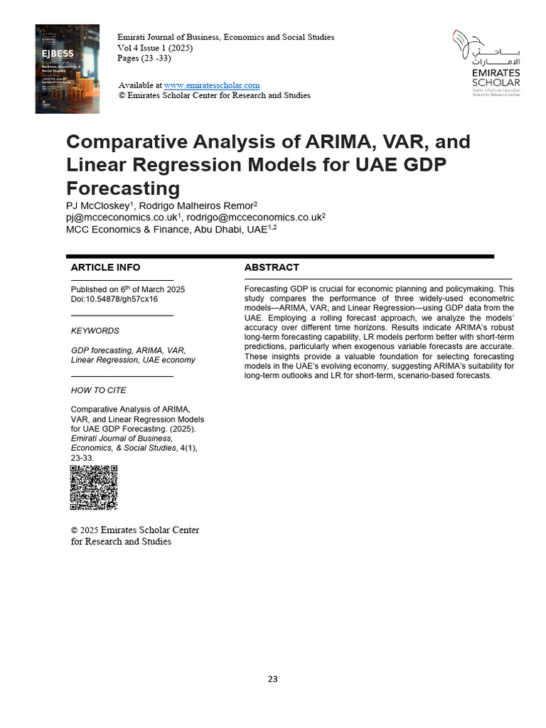 Comparative Analysis of ARIMA, VAR, and Linear Regression Models For UAE GDP Forecasting | PDF ...