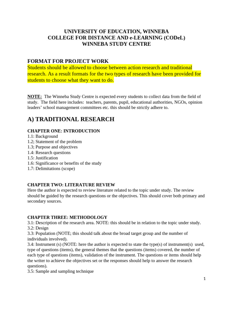 Traditional and Action Research - Format For Project Work | PDF ...