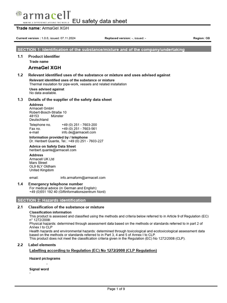 ArmaGel XGH Safety Data Sheet | PDF | Occupational Safety And Health ...