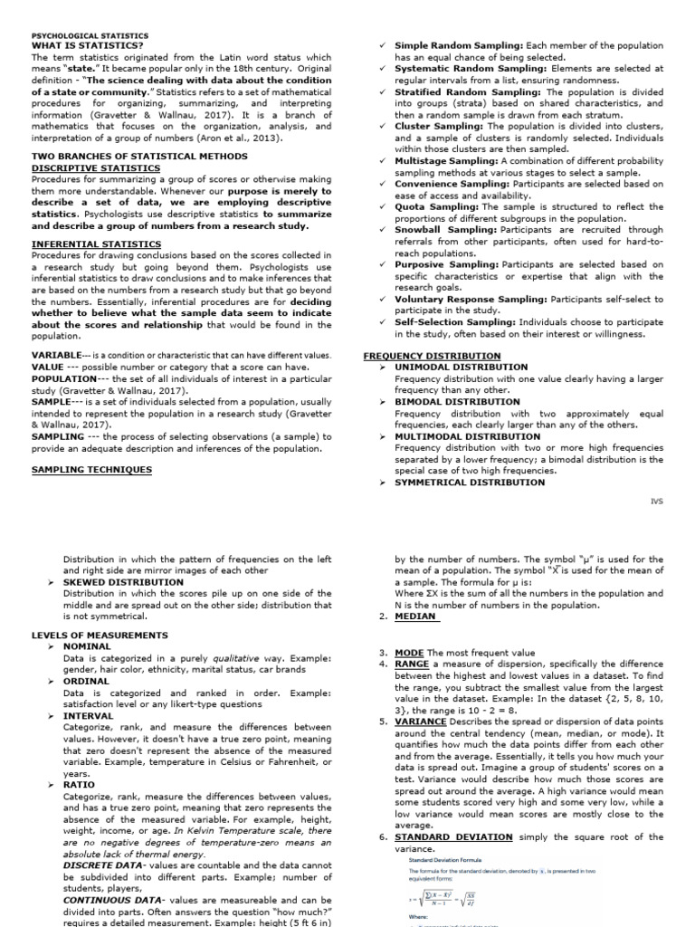 Psychological Statistics Reviewer | PDF | Student's T Test | Statistics