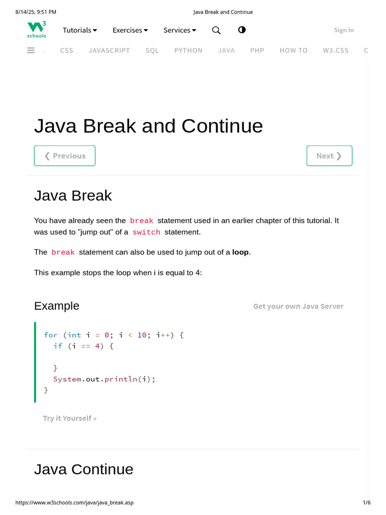Java Break and Continue | PDF | Control Flow | Object Oriented Programming