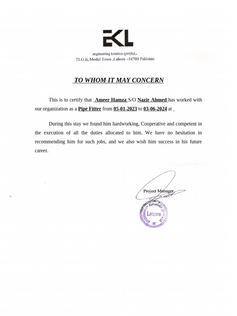 EKL Pipe Fitter Experience Letter | PDF