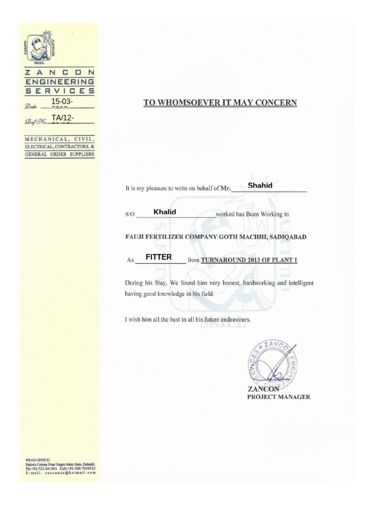 Zancone Fitter Experience Letter | PDF