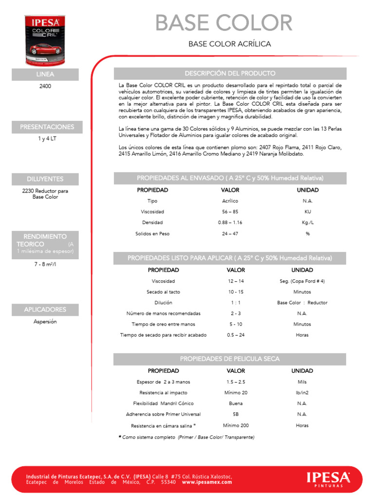 Base Color Acrílica para Vehículos IPESA | PDF | Pintar | Color