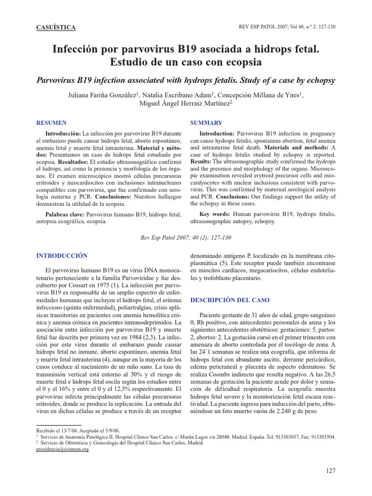 Fariña, J. Et Al. Infección Por Parvovirus B19 Asociada A Hidrops Fetal ...