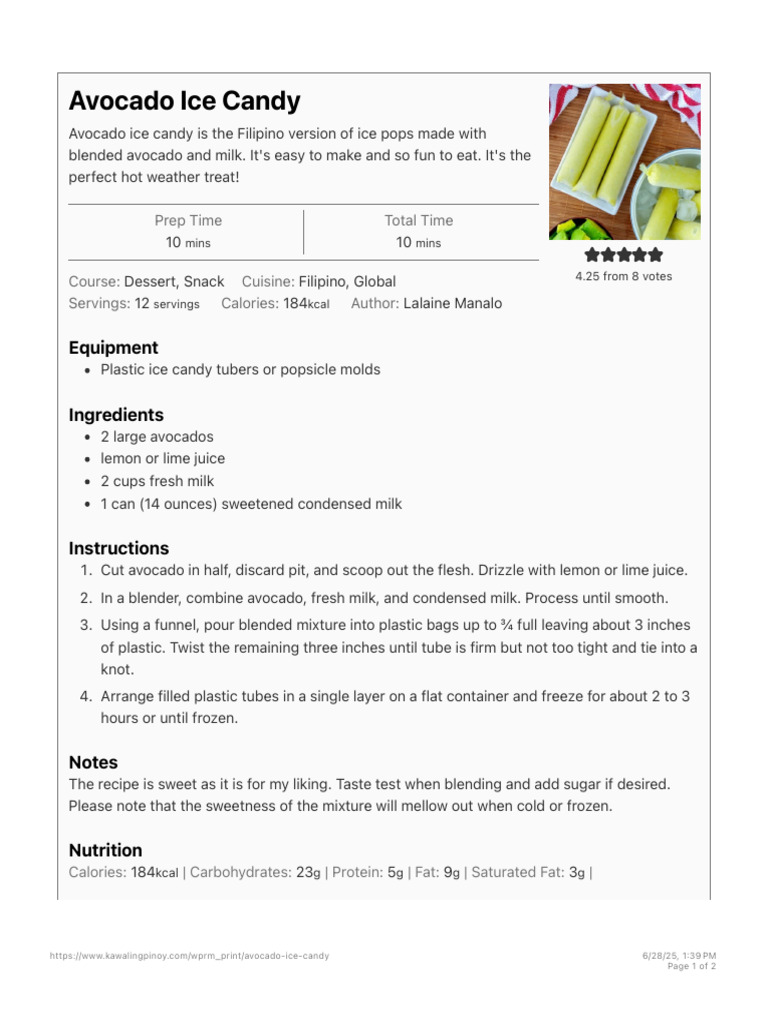 Best Avocado Ice Candy Recipe | PDF | Fat | Milk