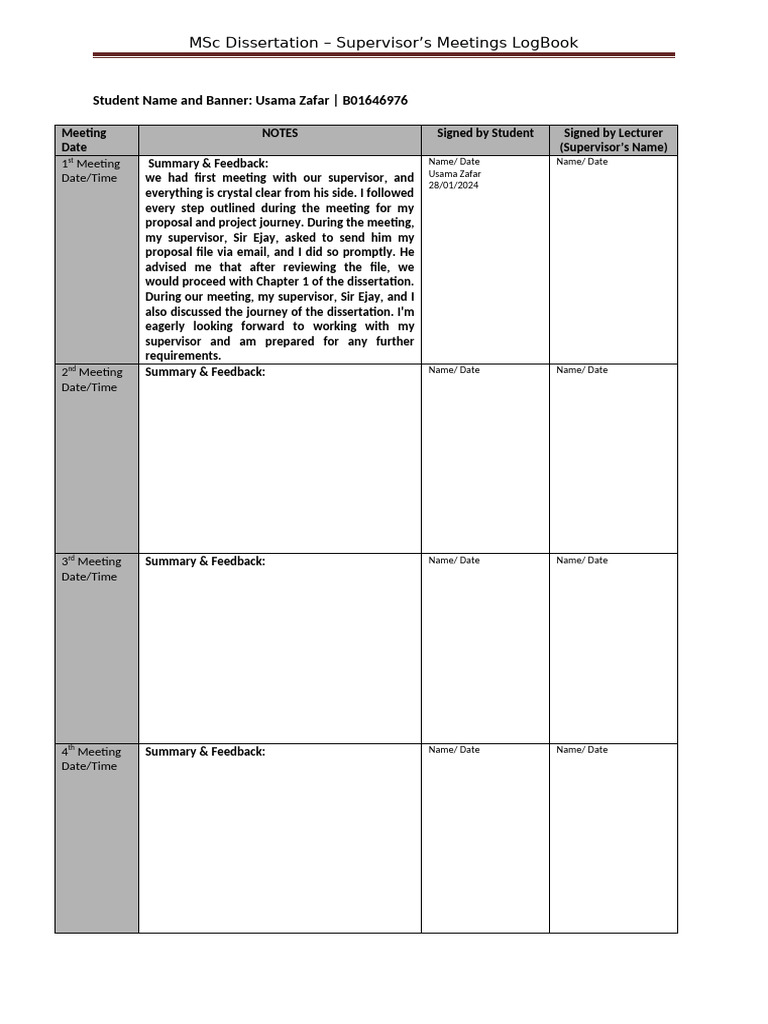 Msc Supervisor s Meetings Logbook Docx | PDF