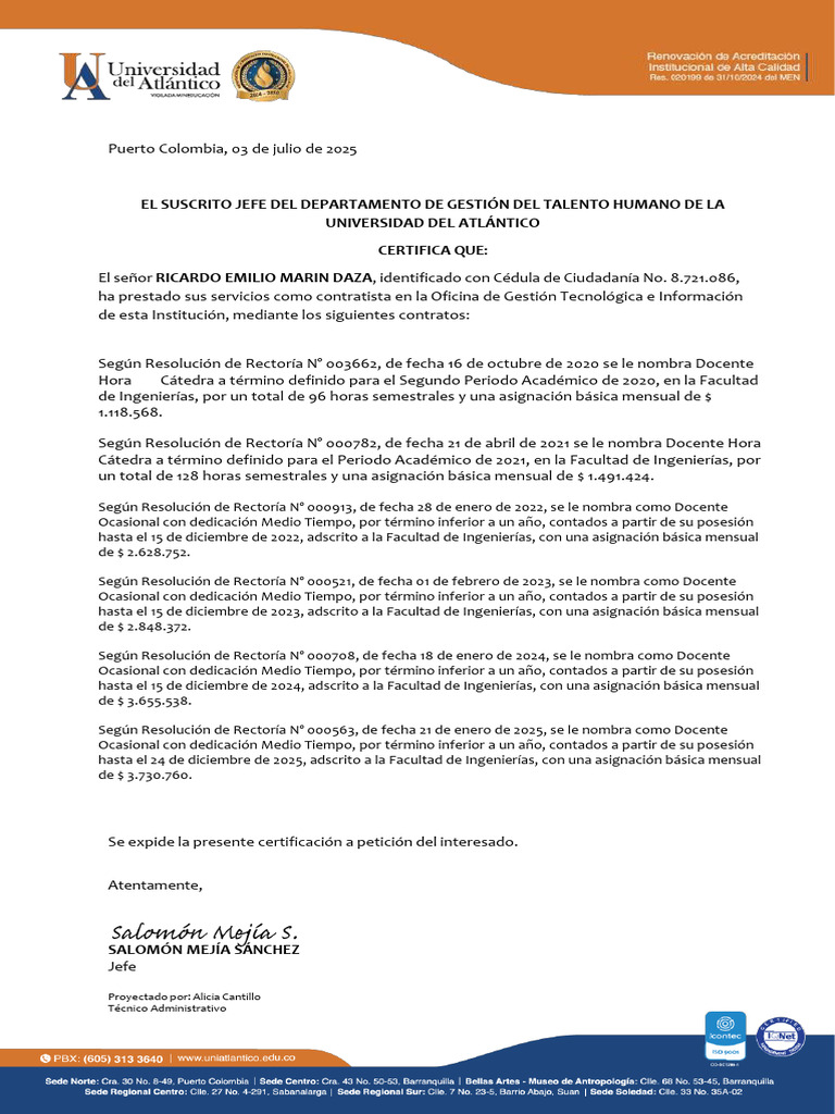 Certificado Ricardo Emilio Marin Daza | PDF