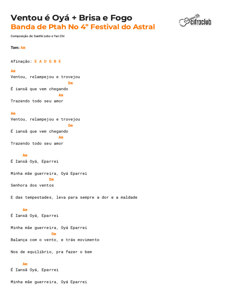Cifra Club - Banda de Ptah No 4º Festival Do Astral - Ventou É Oyá + Brisa e Fogo | PDF | Santeria