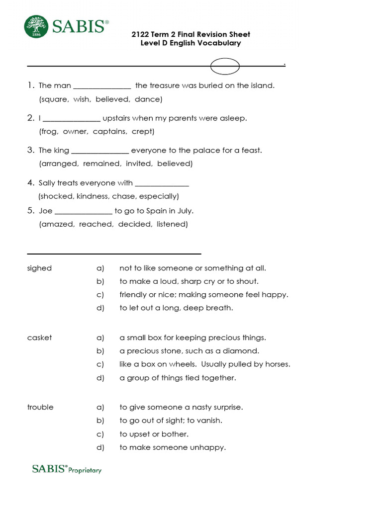 Level D English Vocabulary - T2 Final Revision Sheet (1) | PDF