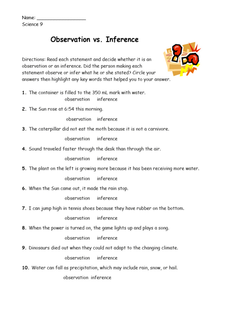Practice Worksheet 2 On Observation Vs Inference | PDF