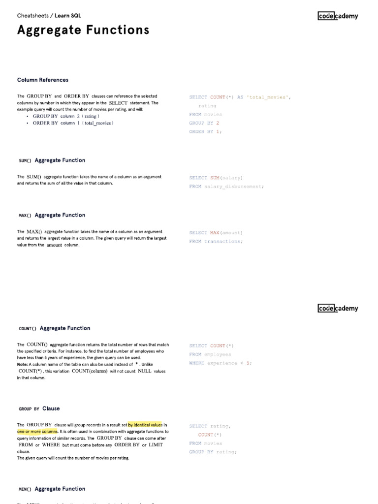 SQL Cheatsheet Lesson 3 Aggregate Functions | PDF