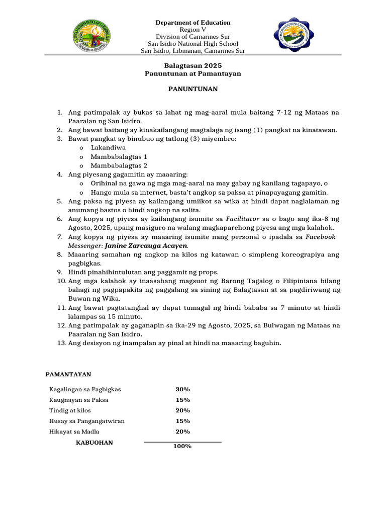 Balagtasan 2025 Panuntunan at Pamantayan | PDF