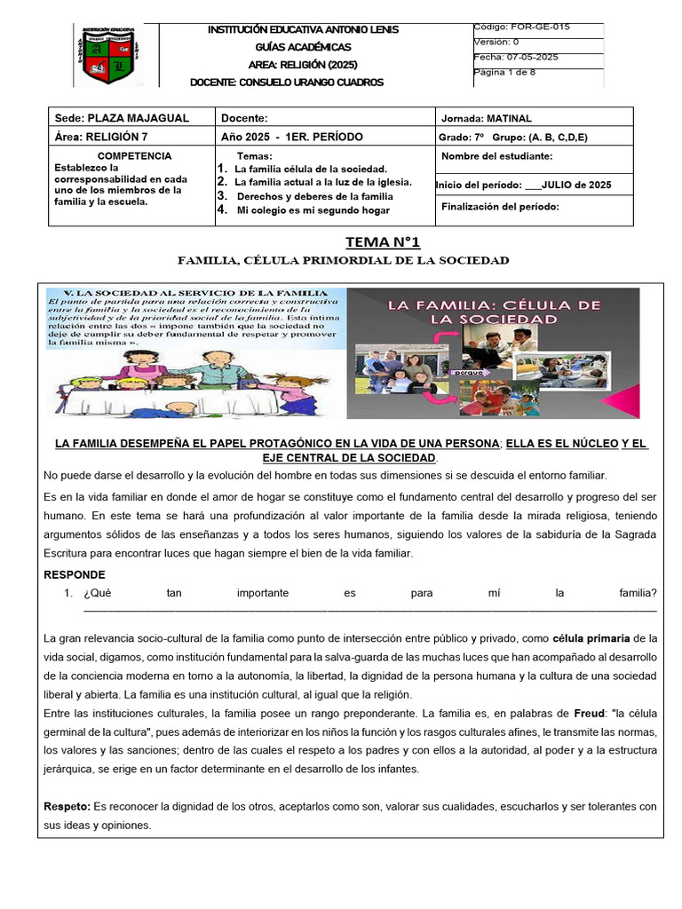 3° periodo 3 GUIA 7° LA FAMILIA CELULA | PDF | Derechos humanos | Familia