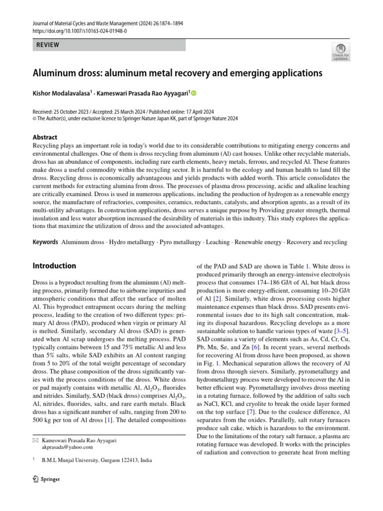 Aluminum Dross: Recovery Methods and Uses | PDF | Aluminium | Sodium ...