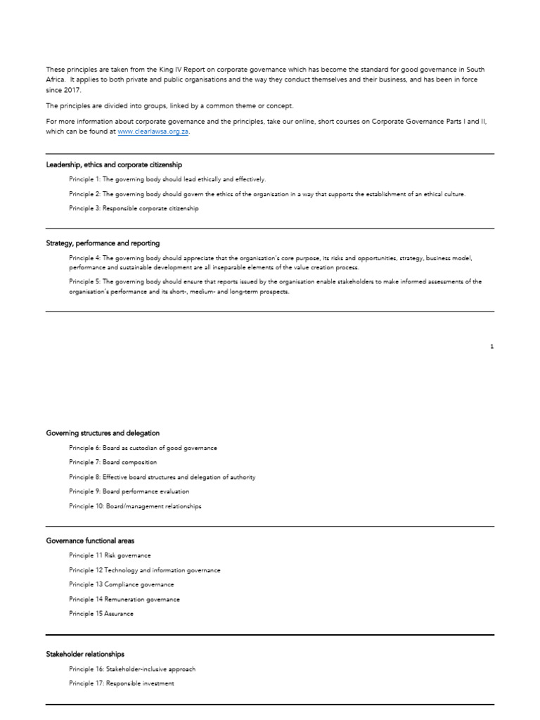 King IV Corporate Governance Principles | PDF