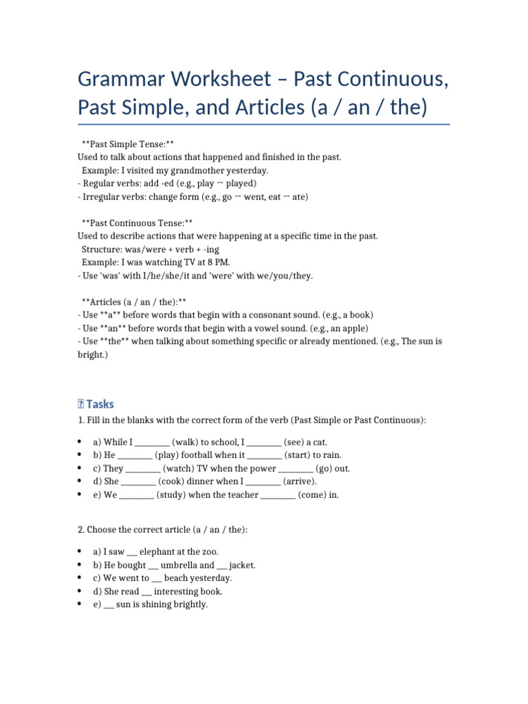 Past Tense and Article Grammar Guide | PDF