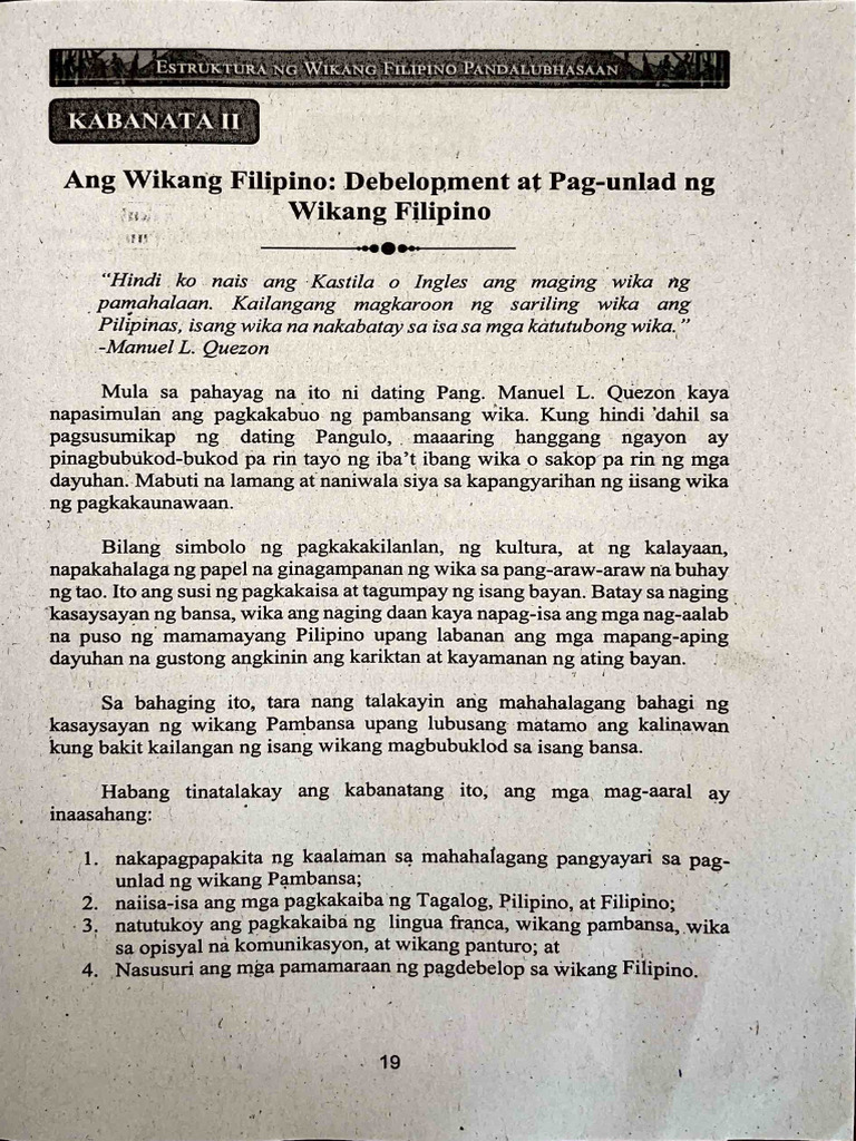 KABANATA 2 Ang Wikang Filipino Debelopment at Pag Unlad NG Wikang ...