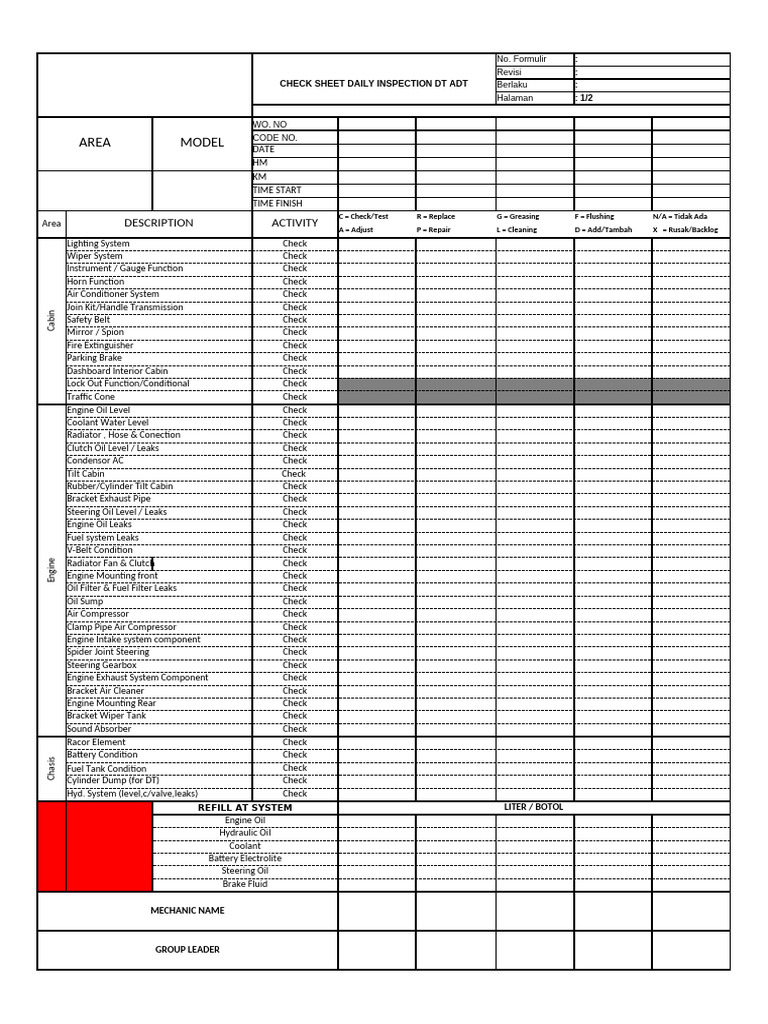 Daily Inspection Check Sheet Template | PDF | Truck | Brake