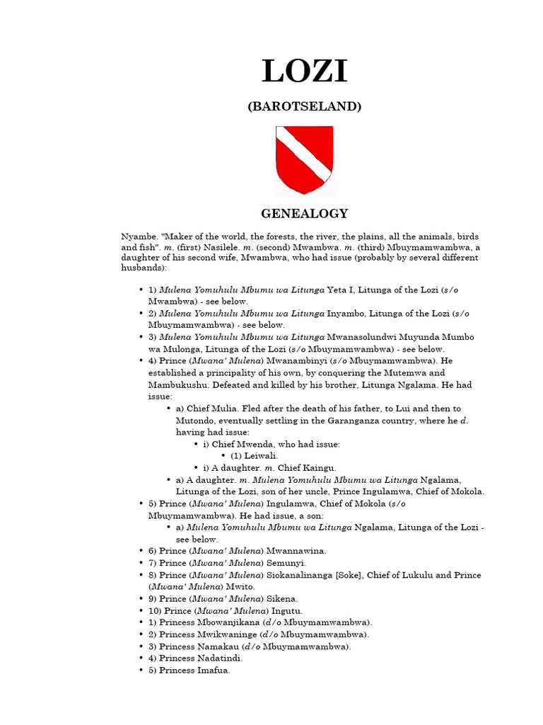 Lozi Genealogy and Lineage Overview | PDF