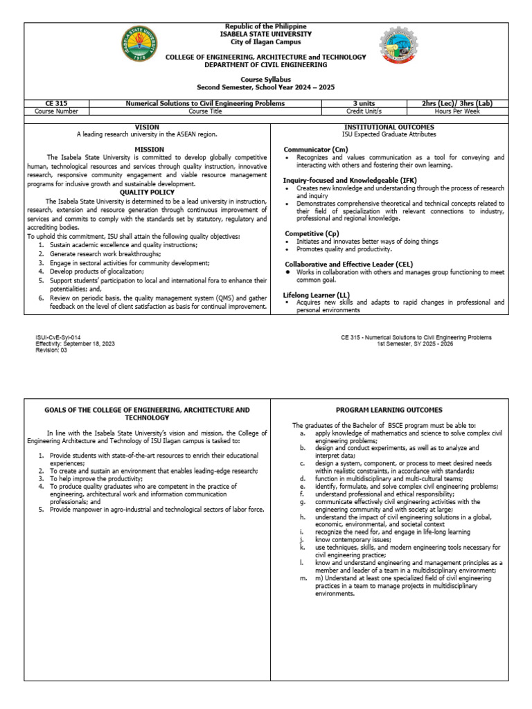 CE 315: Numerical Solutions Syllabus | PDF | Interpolation | Numerical ...