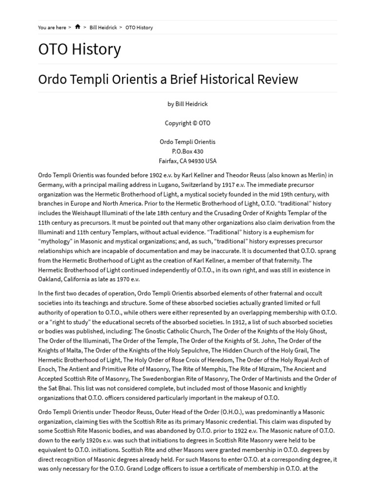 OTO History Overview by Bill Heidrick | PDF | Hermeticism | Ceremonial ...