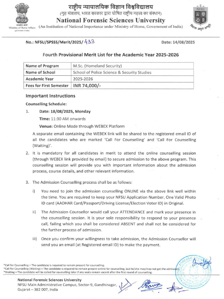 MSHS 4th Merit List Publish - AY-2025-2026 - GNR | PDF