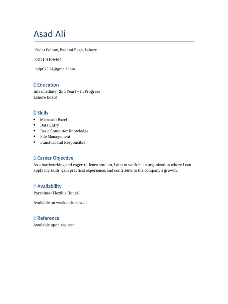 Asad Ali - Part-Time Job Seeker Resume | PDF