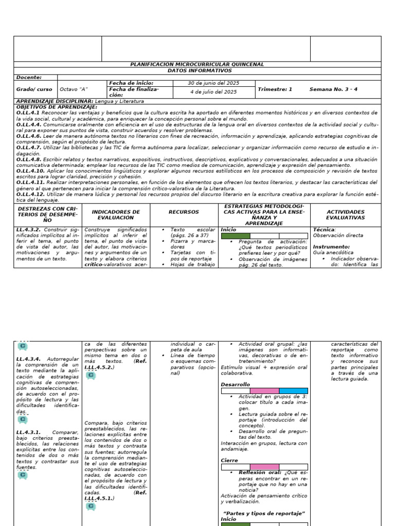 Microcurrículo Quincenal de Lengua 8A | PDF | Aprendizaje ...