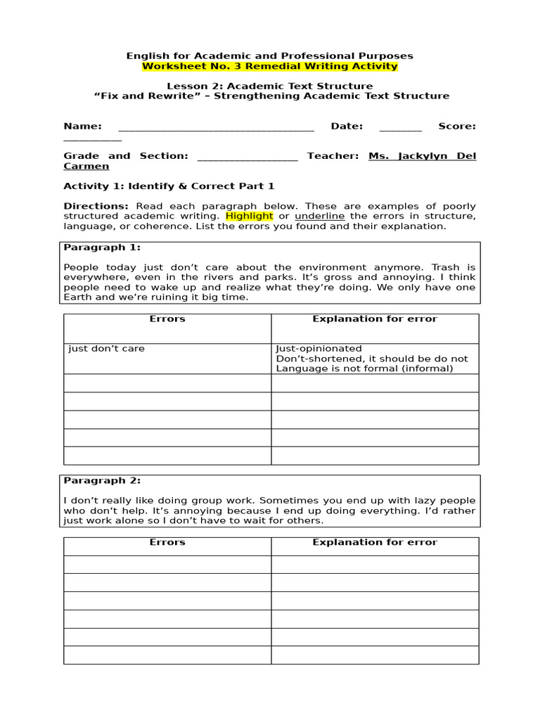 EAPP - Worksheet No. 3 Remedial Writing Activity | PDF | Paragraph | Learning