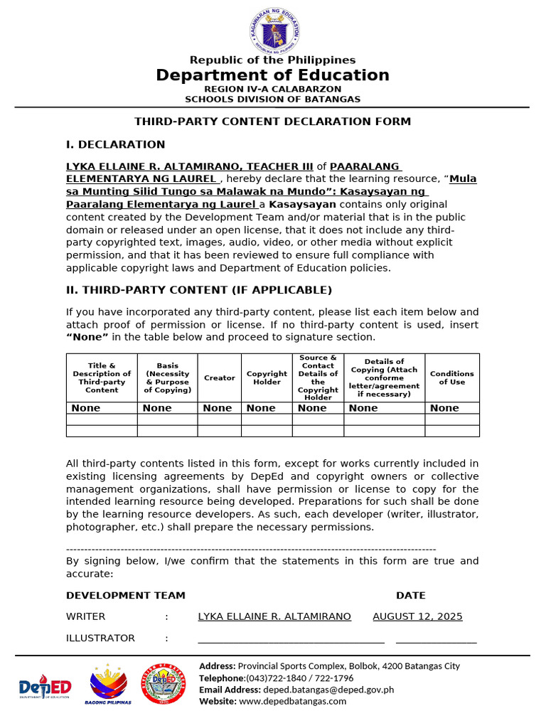 Third-Party Content Declaration Form | PDF | Copyright