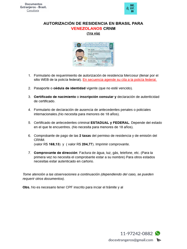 Autorización de Residencia CRNM Brasil | PDF