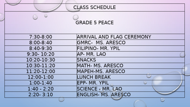 Grade 5 Class Schedule | PDF
