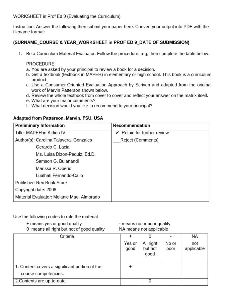 Worksheet In Prof Ed 9 Evaluating The Curriculum Pdf Evaluation
