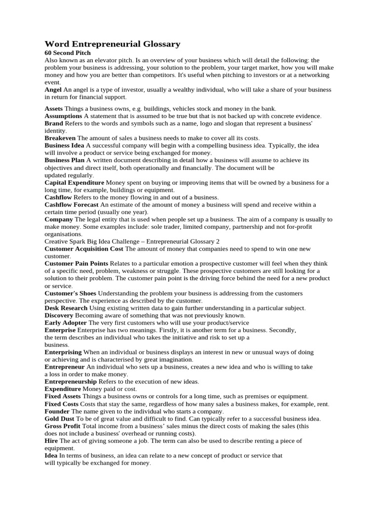 Word Entrepreneurial Glossary | PDF | Entrepreneurship | Intellectual ...