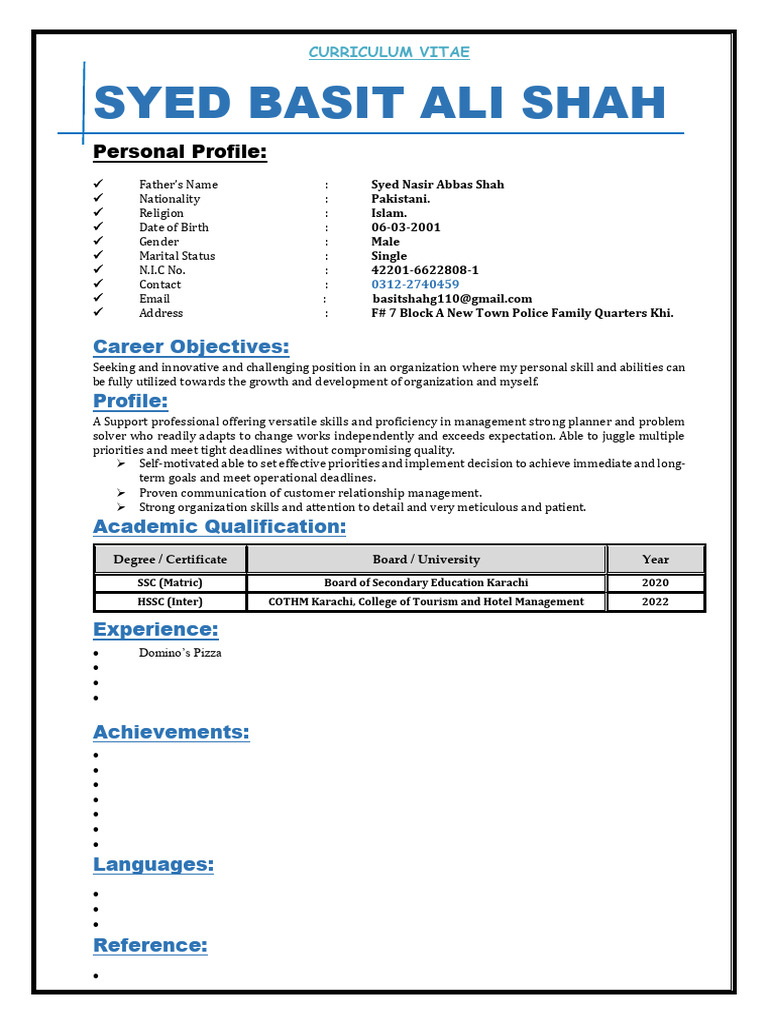 Syed Basit Ali Shah CV | PDF | Learning
