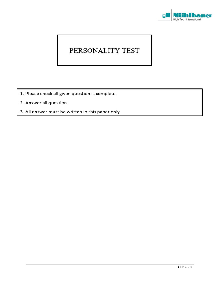 Muehlbauer Personality Test Questionnaire | PDF | Cognitive Psychology ...