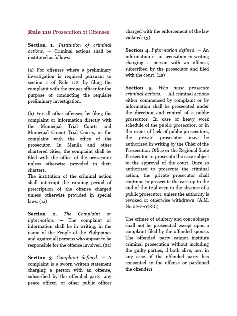 CrimPro - Rule 110 - Prosecution of Offenses | PDF | Prosecutor | Crimes