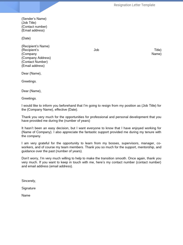 Business Templates Resignation Letters Generic Resignation Letter ...