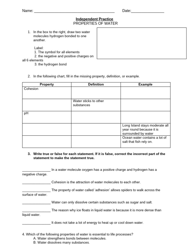 Properties of Water Worksheet | PDF | Water | Properties Of Water
