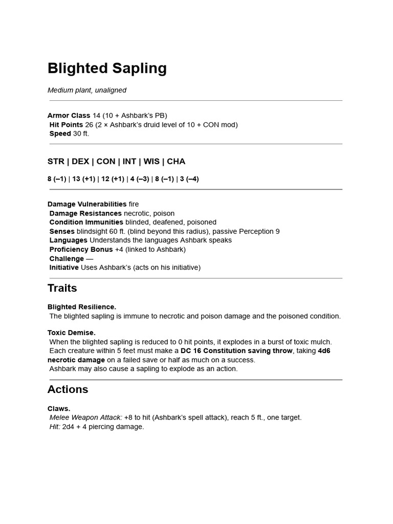 Blighted Sapling Creature Stats | PDF