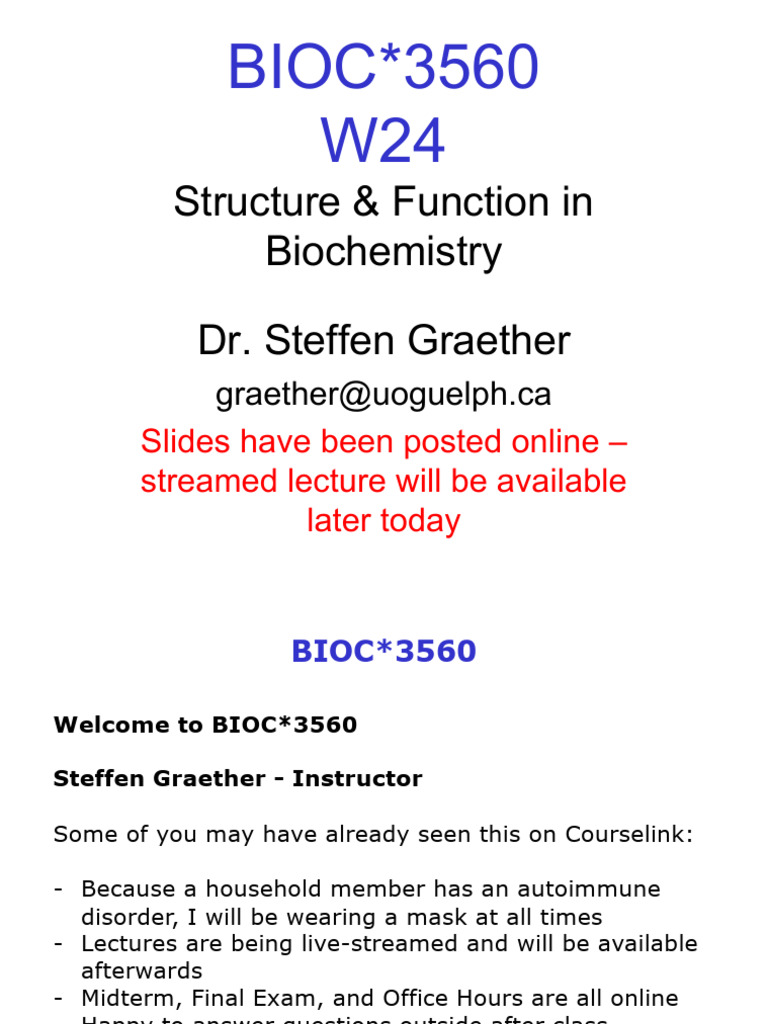 BIOC 3560 Lecture 1 Intro | PDF | Amino Acid | Proteins