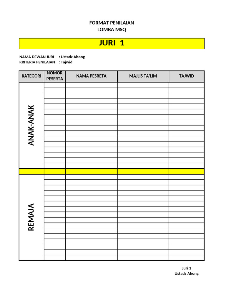 Penilaian Lomba Msq Juri 1 | PDF