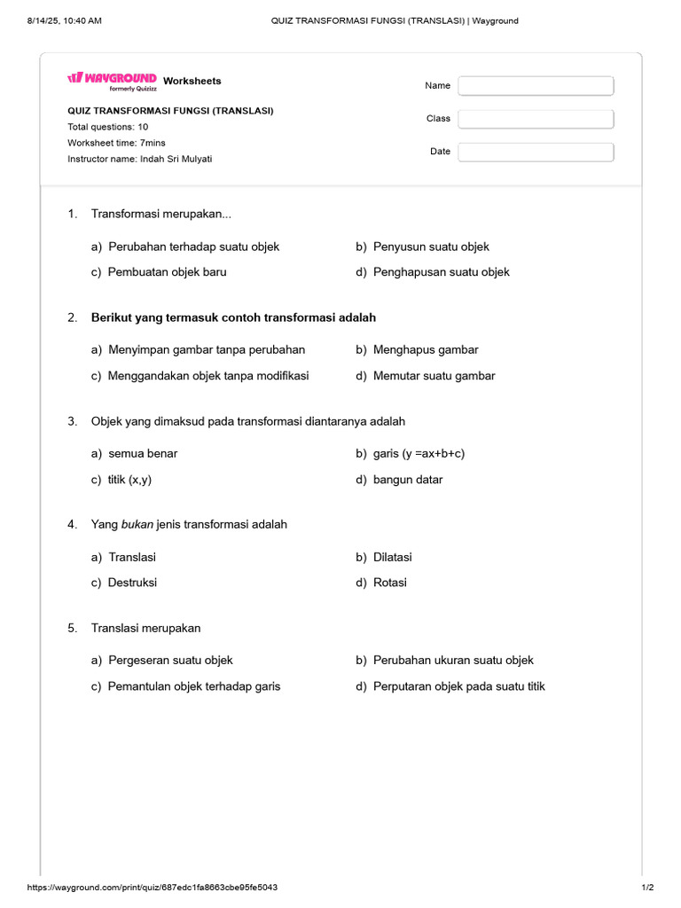 Quiz Transformasi Fungsi (Translasi) _ Wayground | PDF