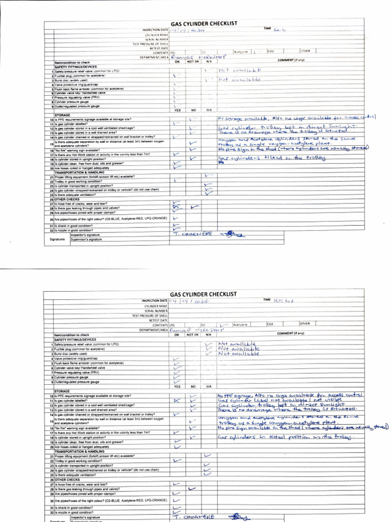 Gas Cylinder Safety Inspection Checklist | PDF | Valve | Pipe (Fluid ...