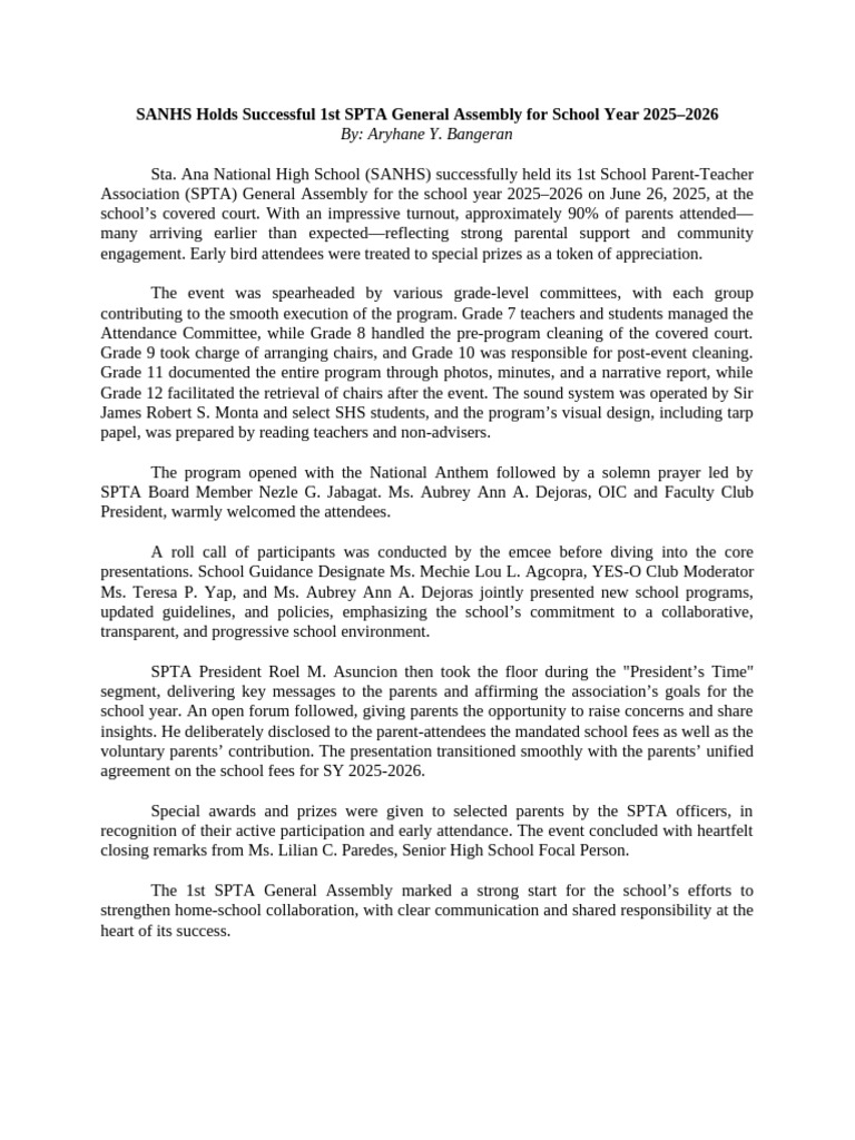 SANHS 1st SPTA General Assembly For School Year 2025 | PDF